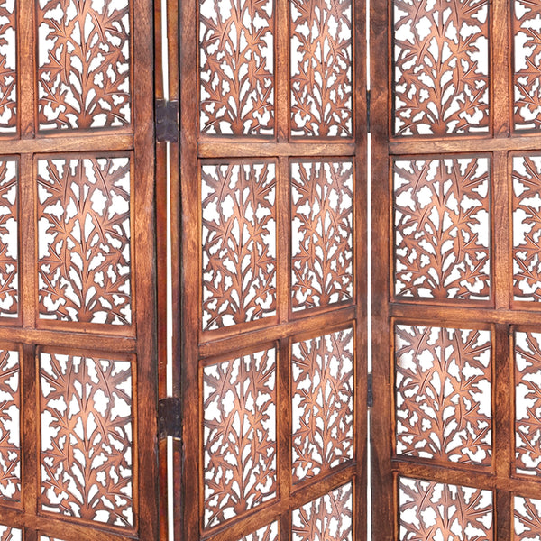 3 Panel Mango Wood Screen with Intricate Cutout Carvings, Brown– Qolture