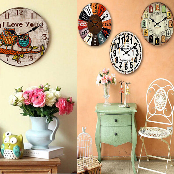 Vintage/Country Style Wooden Silent Round Wall Clocks Decorative Clock ...